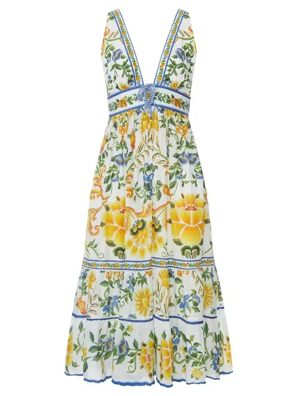 Farm Rio Floral Tapestry Rope Tie V-neck Midi Dress - Bianco