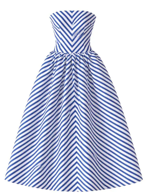 SELF-PORTRAIT Strapless Striped Taffeta Midi Dress - Blue