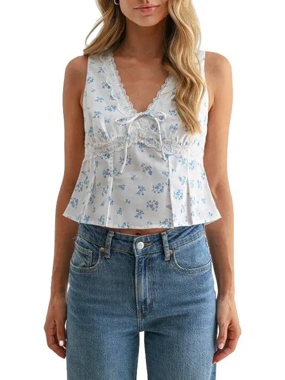 ALL IN FAVOR Lace Trim Floral Print Cropped Top - Ivory Blue