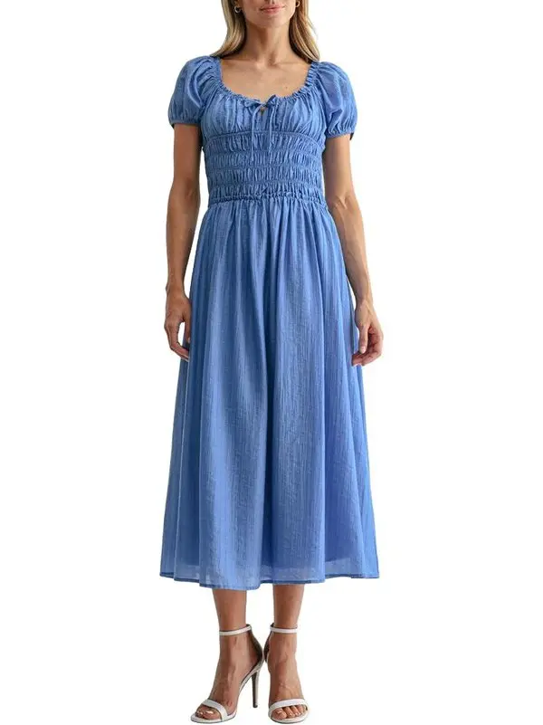 ALL IN FAVOR Puff Sleeve Shirred Midi Dress - Blue