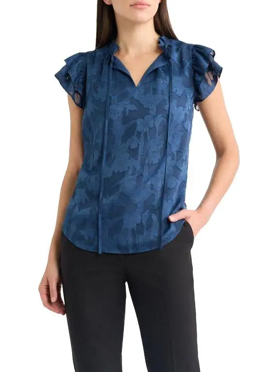 Anne Klein Ruffle Tie Neck Blouse - Blue Carbon