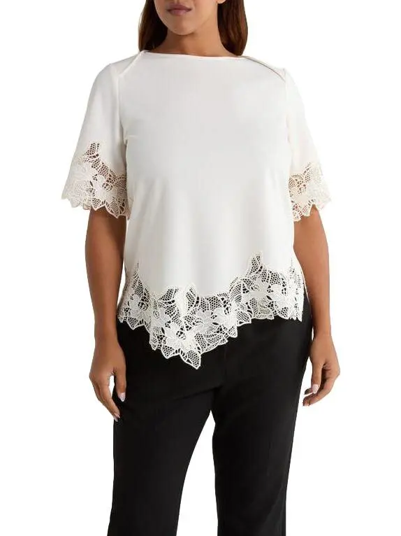 Anne Klein Lace Trimmed Asymmetrical Knit Top - White Dove