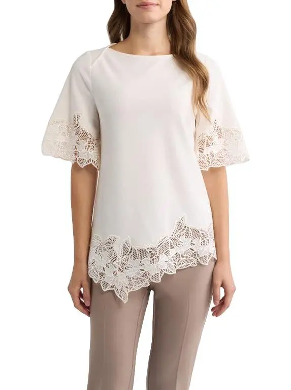 Anne Klein Lace Trim Asymmetrical Hem Top - White Dove