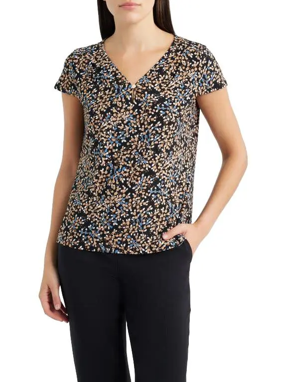 Anne Klein Printed V-neck Short Sleeve Top - Anne Black Multi