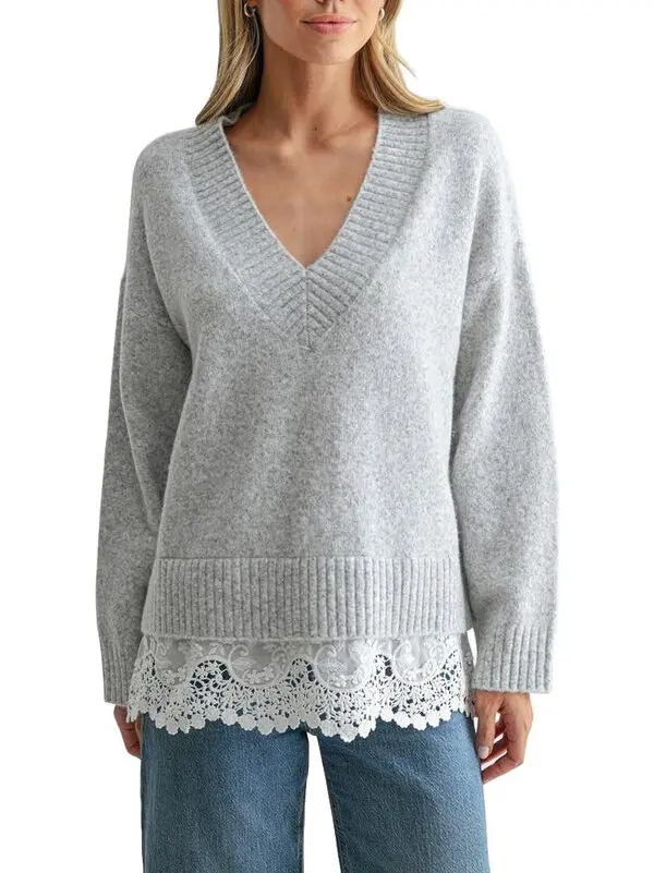 ALL IN FAVOR V-neck Lace Hem Sweater - Heather Grey