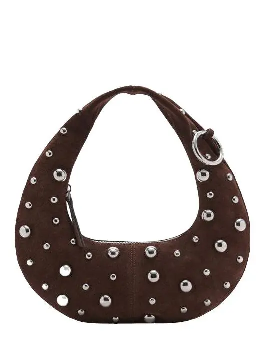 Mango Embellished Leather Handbag With Top Zip Closure - Chocolate