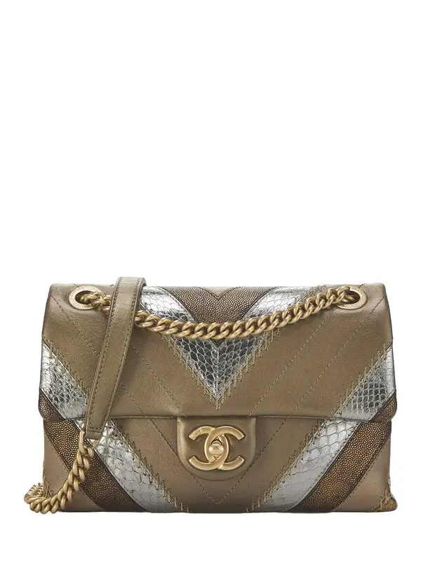 Chanel Calfskin Patchwork Chevron Half Flap Bag - Gold