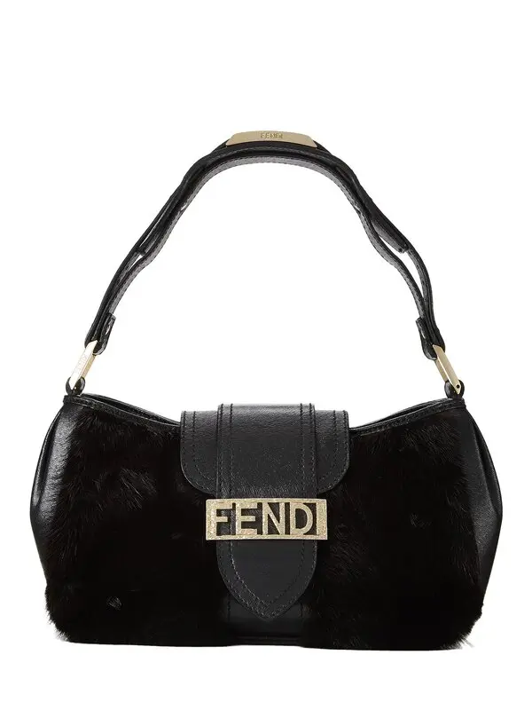 Fendi Fur Logo Flap Baguette - Black