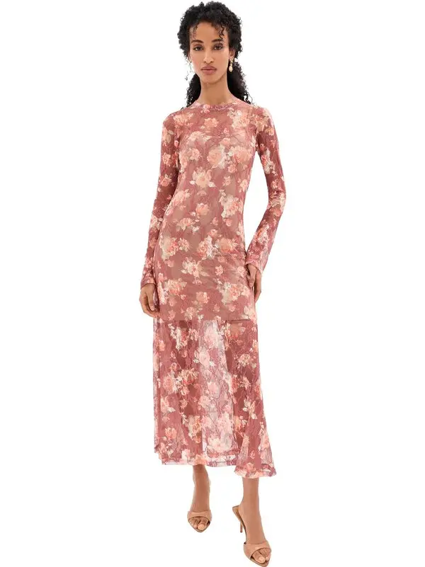 MADELYNNE Floral Print Lace Maxi Dress - Rust Rose