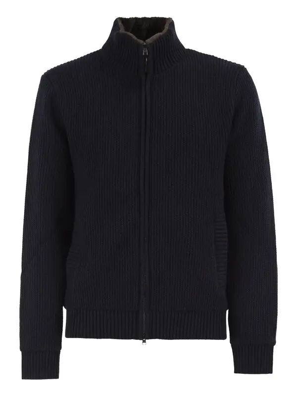 Herno Pure Wool Knit Jacket With High Collar And Faux Fur Lining - Blue