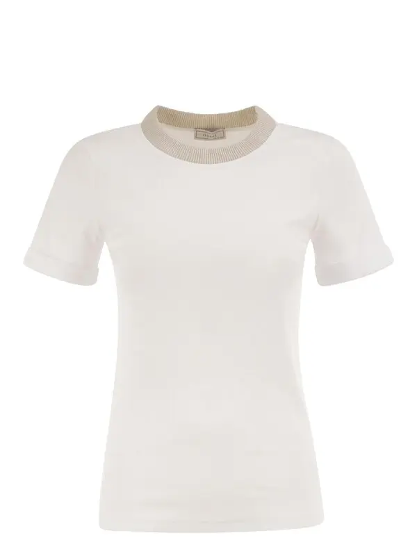 Peserico Stretch Cotton Jersey T-shirt With Lamé Knit Neckline - White