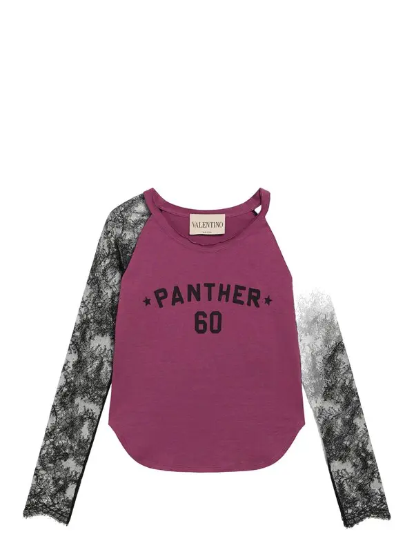 Valentino Garavani Cyclamen Panther 60 T-shirt With Black Lace Sleeves - Pink