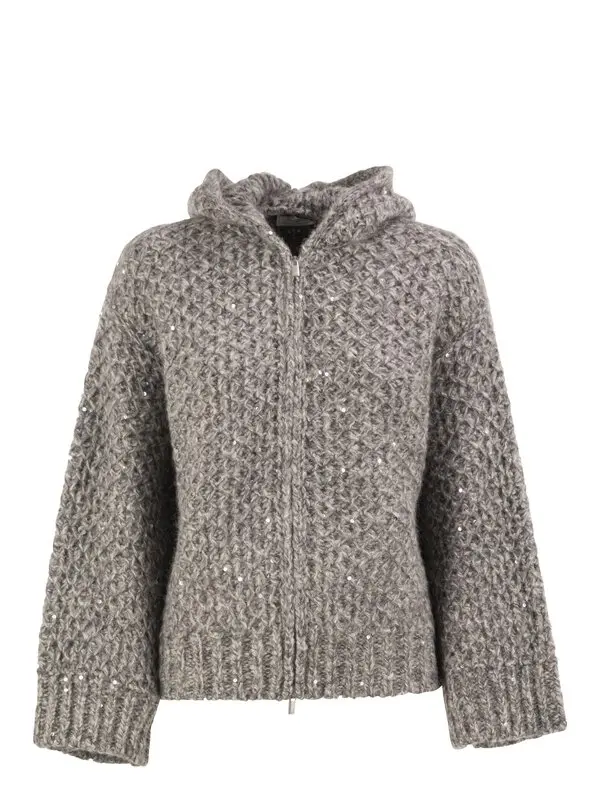 Peserico Alpaca Blend Knitted Hooded Cardigan With Sequins - Gray