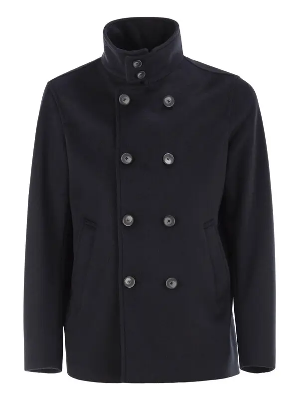Herno Double-breasted Jacket In Wool-effect Fabric With Stand Collar - Blue