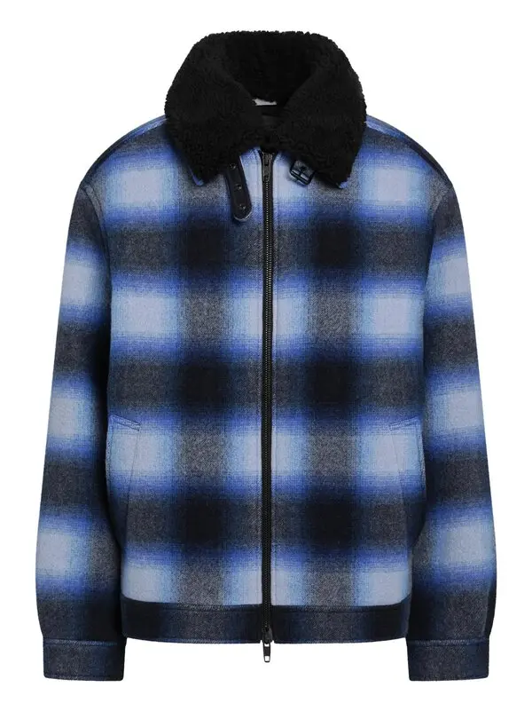 Balenciaga Plaid Wool Flannel Bomber Jacket With Shearling Collar - Blue