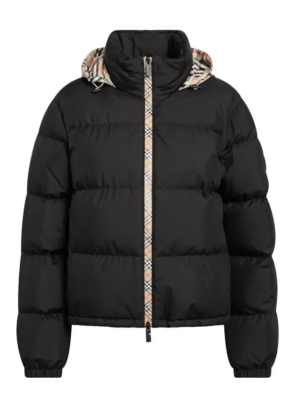 Burberry Padded Down Jacket With Check Detail - Black