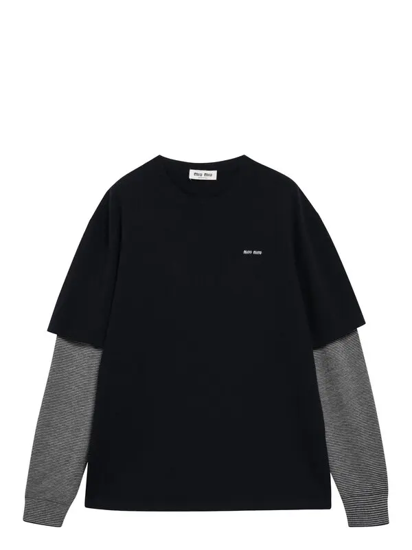 Miu Miu Wool And Cashmere Sweater With Striped Sleeves - Blue