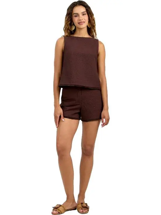 Trina Turk Sleeveless Structured Woven Jacquard Tank Top With Fringe Hem - Carob