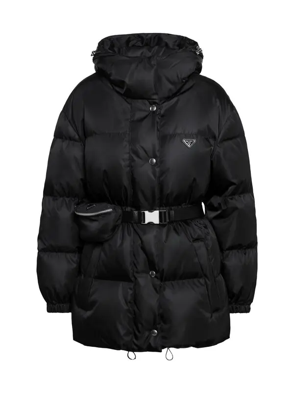 Prada Re-nylon Hooded Padded Jacket With Belt And Pouch - Black