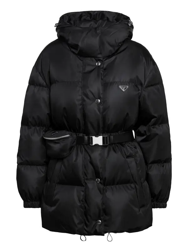 Prada Re-nylon Hooded Padded Jacket With Belt And Pouch - Black