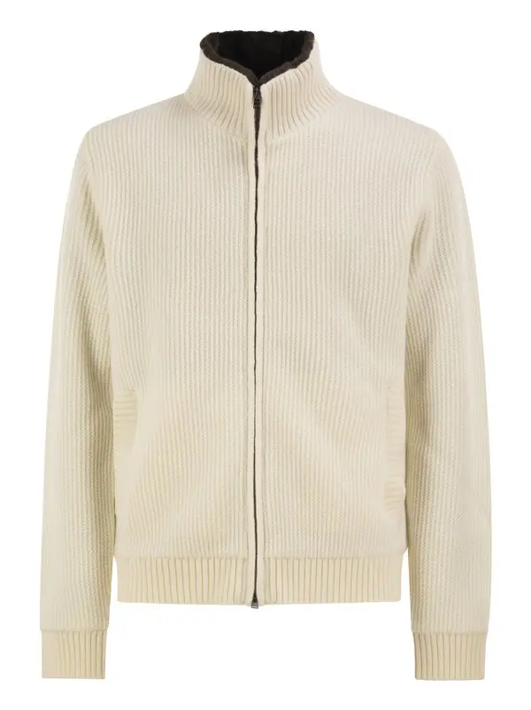 Herno Pure Wool Knit Jacket With High Collar And Faux Fur Lining - Cream