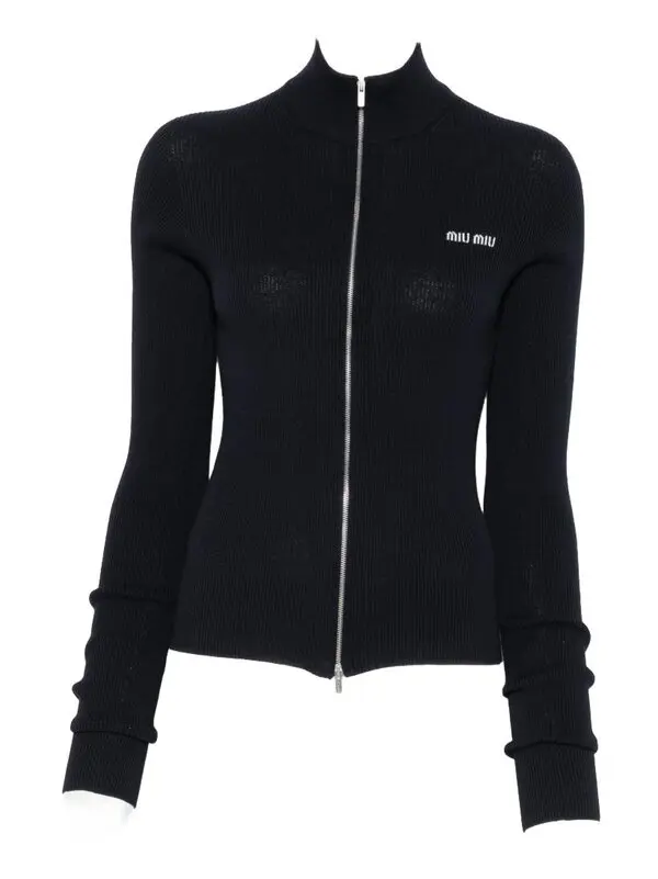Miu Miu Ribbed Knit Zip-up Cardigan With Embroidered Logo - Multicolor