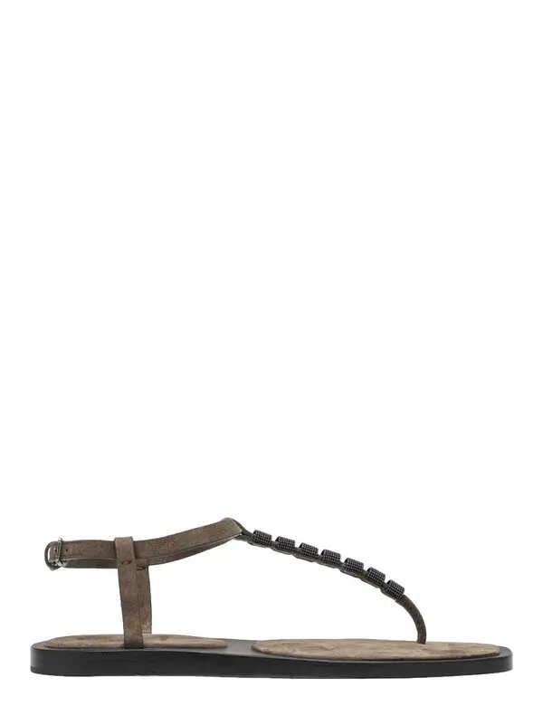 Brunello Cucinelli Calf Leather Embellished Flat Sandals - Multicolor