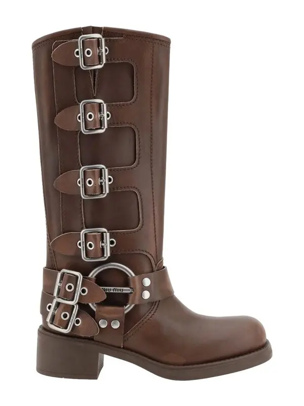 Miu Miu Mid Calf Buckled Leather Boots - Orange