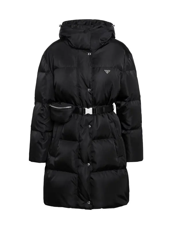 Prada Re-nylon Long Down Jacket With Belt Bag - Black