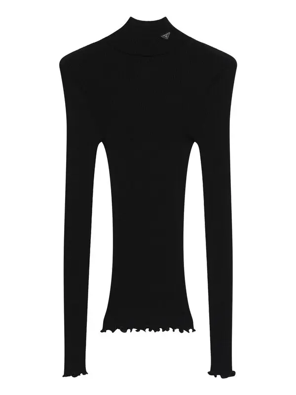 Prada Ribbed Cotton Turtleneck With Enamelled Triangle Logo - Black