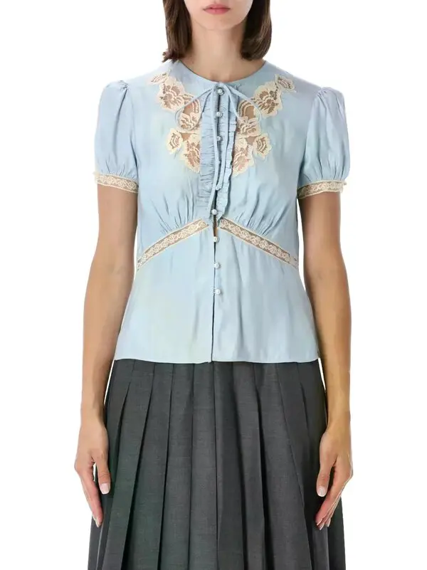 SELF-PORTRAIT Lace-trimmed Ruffled Blouse - Blue