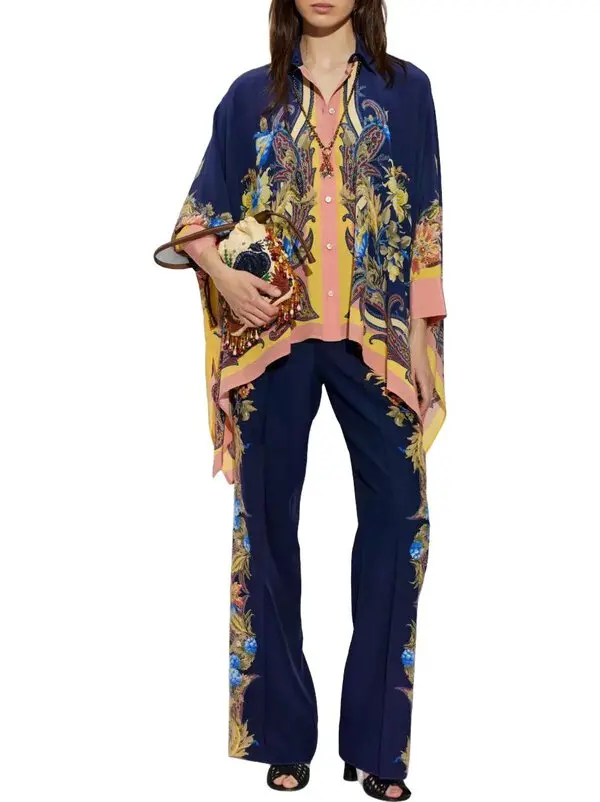 Etro Floral Print Silk Trousers - Blue