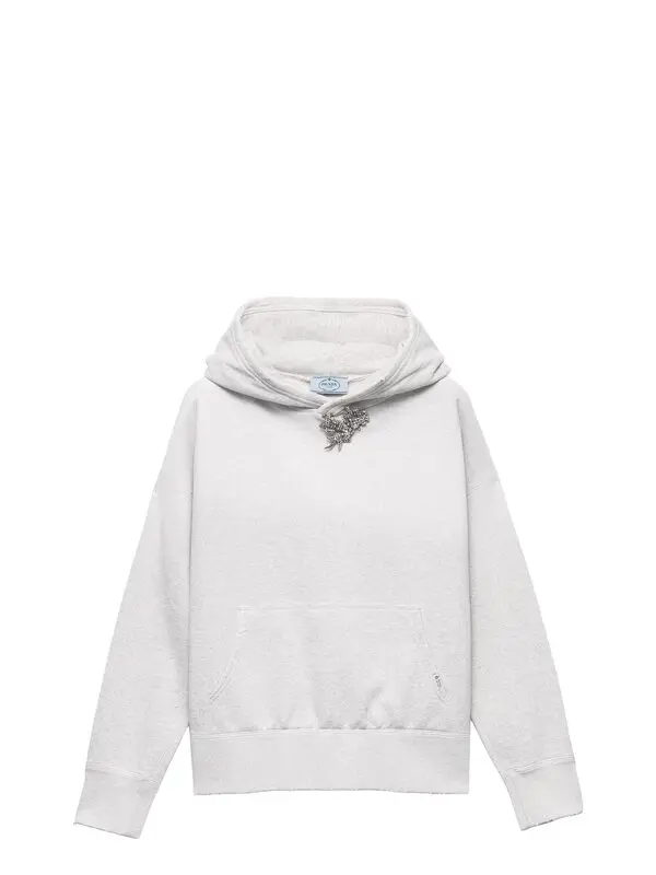 Prada Cotton Fleece Hoodie With Jewel Brooch - Grey