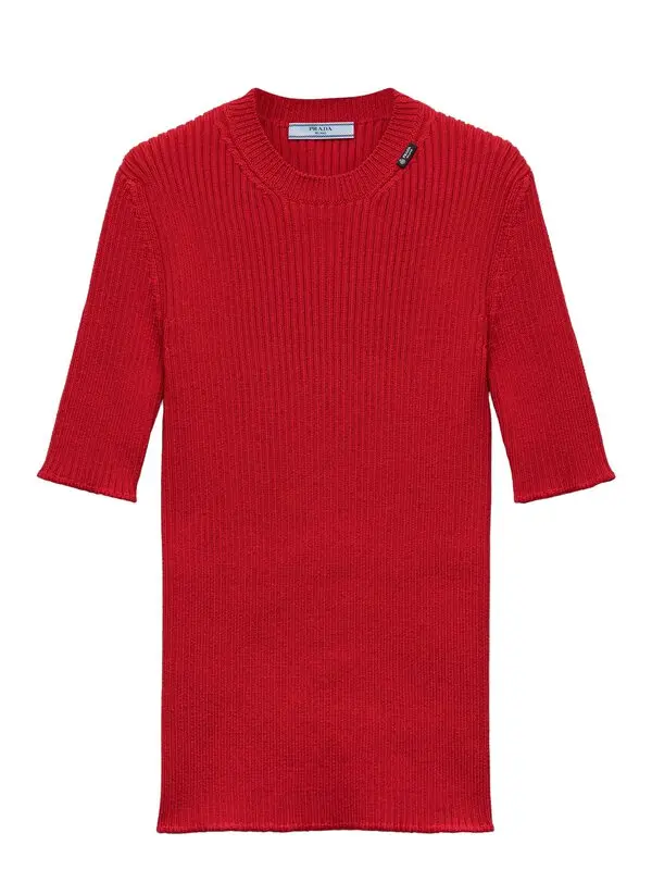 Prada Ribbed Knit Wool Crew Neck Short Sleeve Sweater - Red
