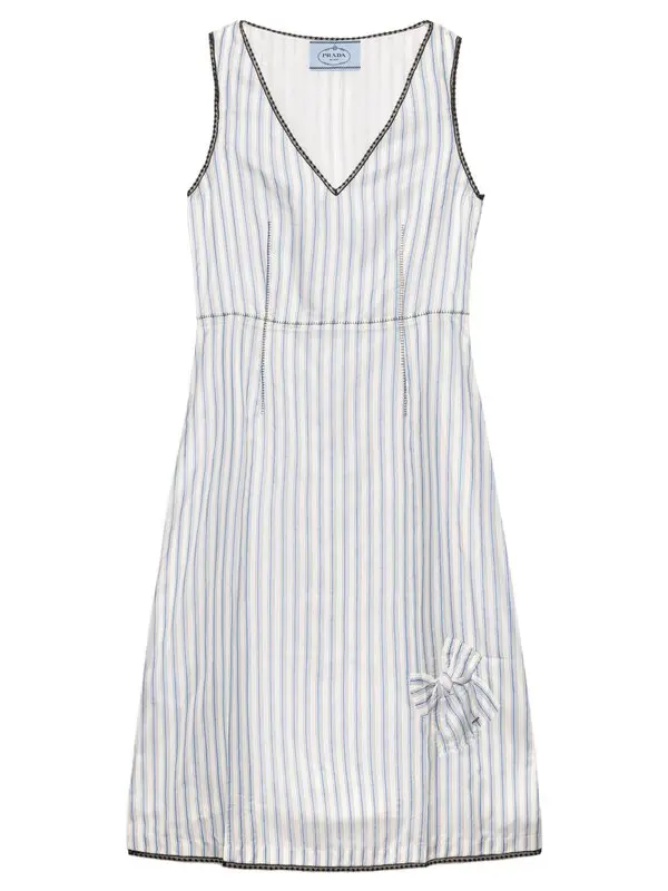 Prada Striped V-neck Dress With Lace Trim And Bow Detail - Light Blue