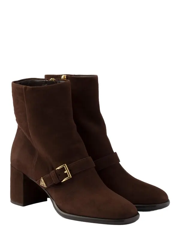 Prada Suede Ankle Boots With Buckle Detail - Brown