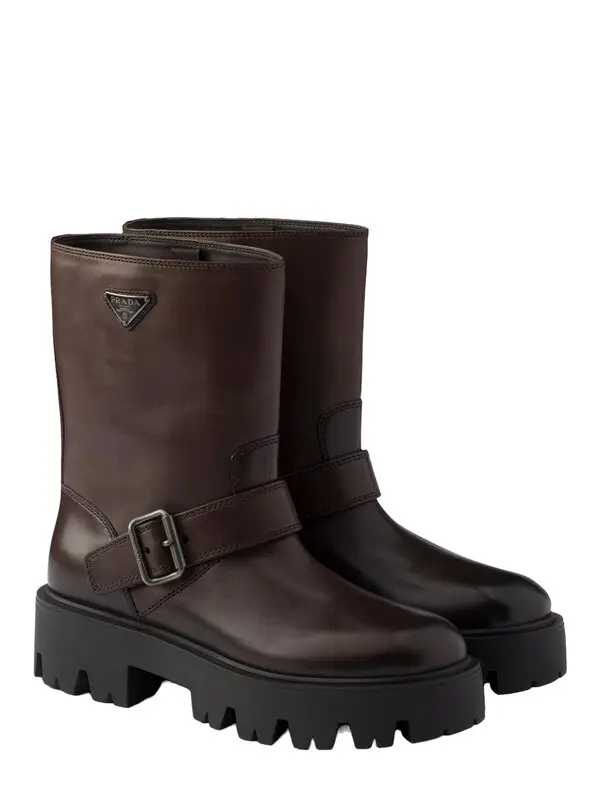 Prada Leather Buckled Boots - Brown
