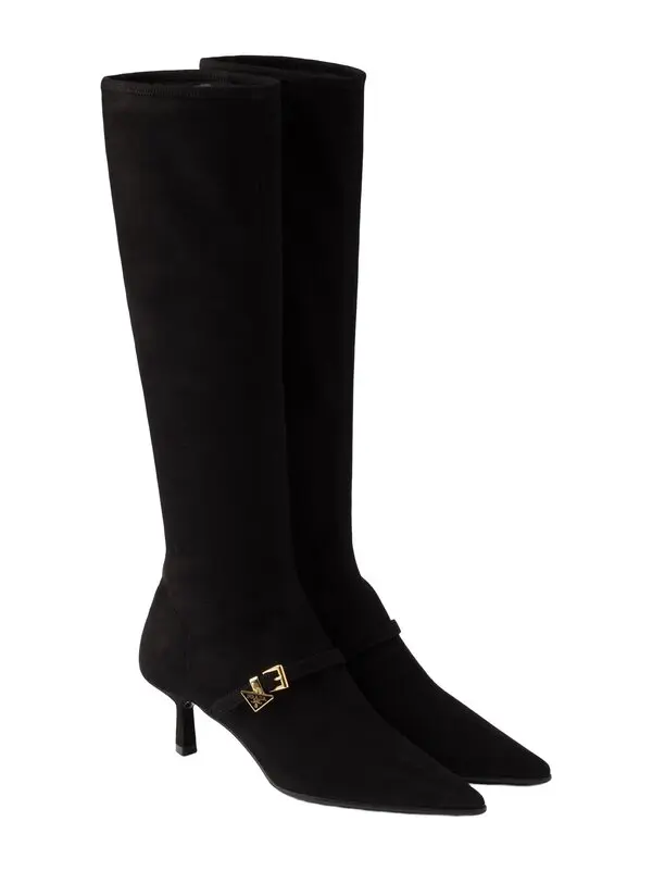 Prada Stretch Suede Boots With Logo Engraved Buckle - Black