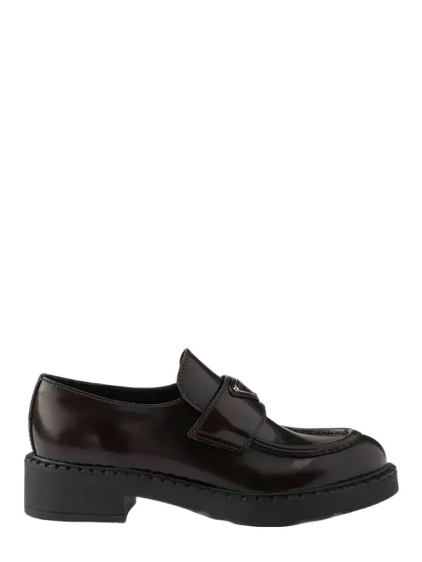 Prada Chocolate Brushed Leather Loafers With Enamel Triangle Logo - Brown