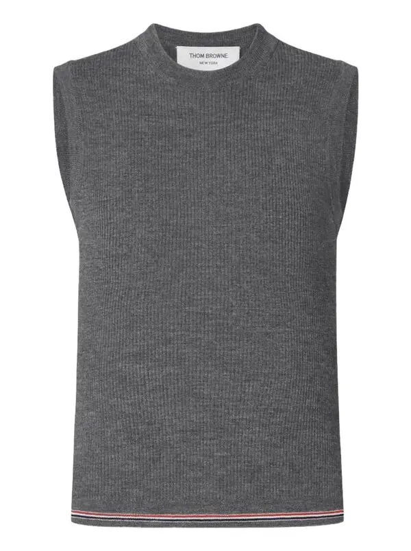 Thom Browne Ribbed Knit Sleeveless Crewneck Top With Rwb Stripe Detail - Grey