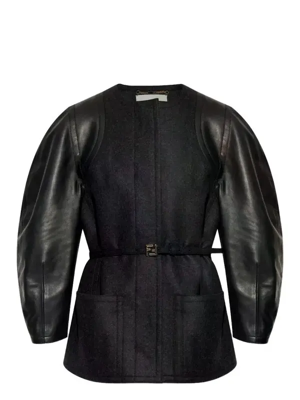 Fendi Belted Leather-sleeve Jacket - Black