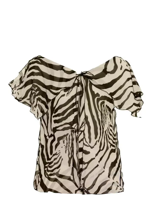 IRO PARIS Zebra Print Ruffled Boat Neck Top - Neutrals