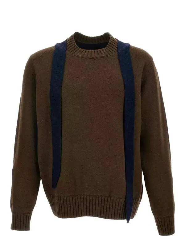 Sacai Crew Neck Sweater With Scarf Detail - Brown