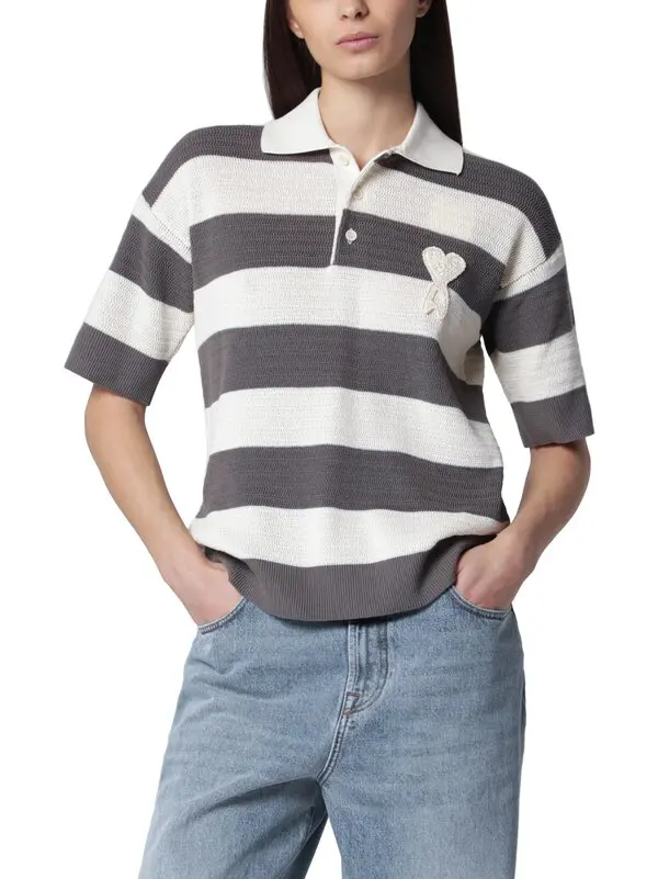 AMI Paris Striped Cotton Knit Polo Shirt - White