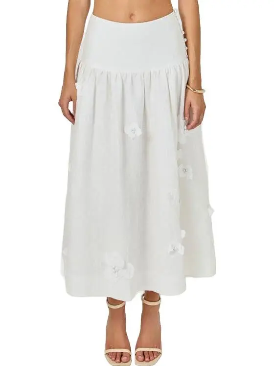 Endless Rose Floral Detail Linen Midi Skirt - White