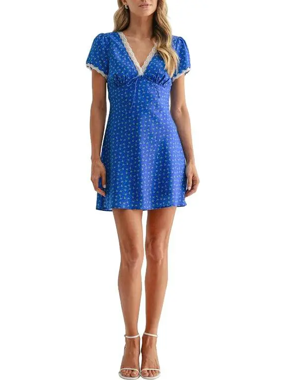 ALL IN FAVOR Lace Trim Floral Minidress - Blue Ditsy