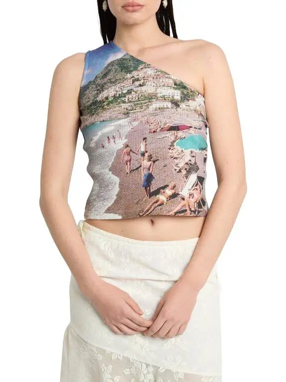MUSE ASSEMBLY One-shoulder Ribbed Top With Scenic Print - Multi