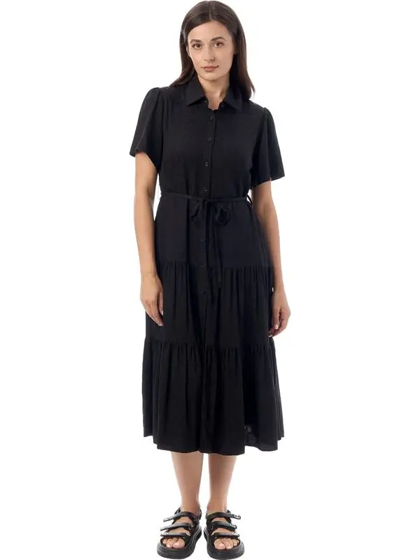 Equipment Jacquard Tiered Belted Midi Dress - Black