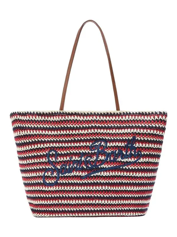 MC2 SAINT BARTH Crochet Large Striped Tote Bag With Embroidered Logo - Red