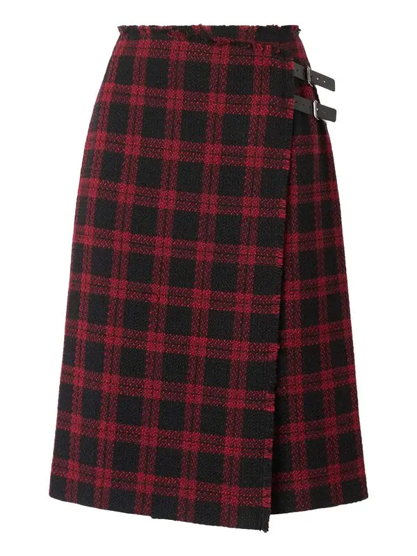 Pinko Plaid Wrap Midi Skirt With Buckle Closures - Nero/rosso